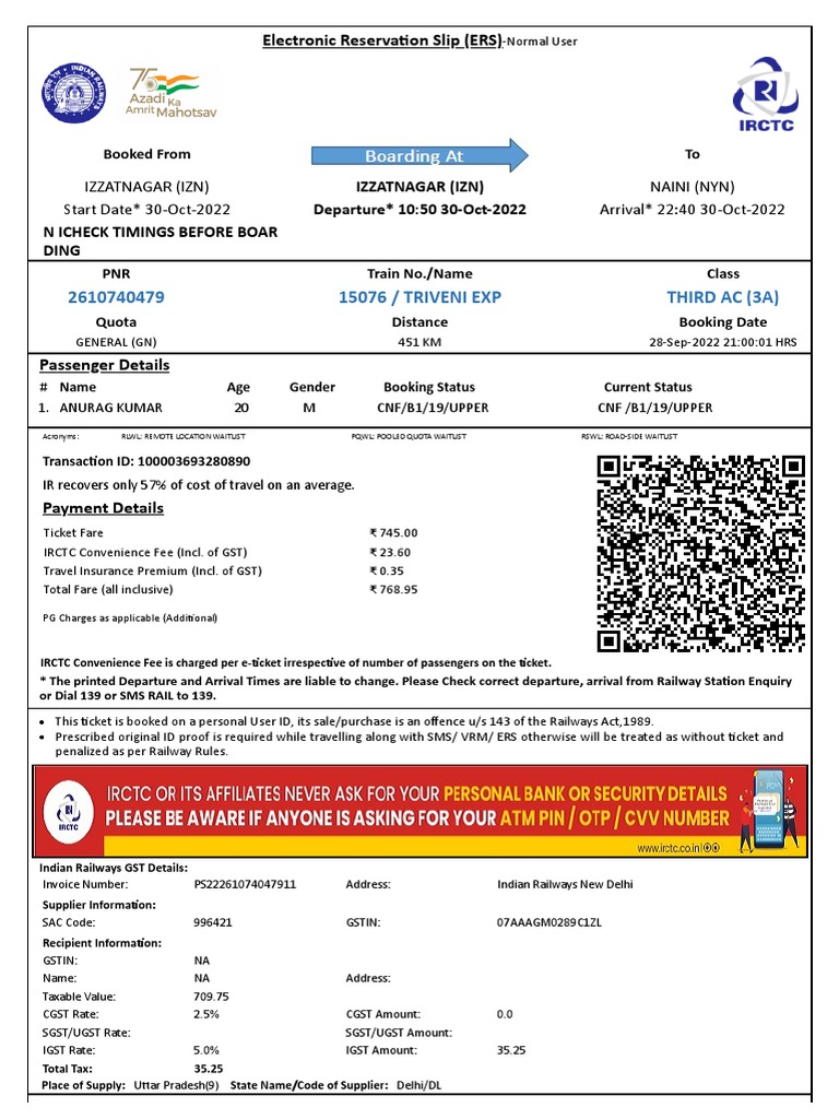 Triveni Exp Third Ac (3A) | PDF | Identity Document