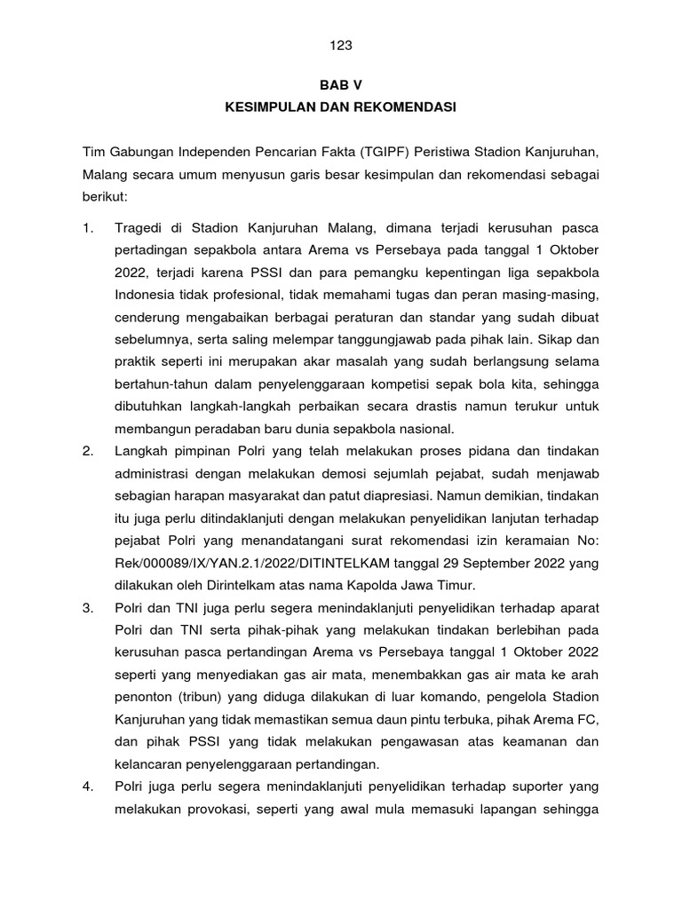 Kesimpulan Dan Rekomendasi TGIPF Tragedi Kanjuruhan | PDF Kesimpulan Dan Rekomendasi TGIPF Tragedi Kanjuruhan | PDF