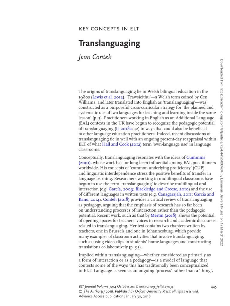 Conteh (2018) Translanguaging | PDF | Multilingualism | English As A ...