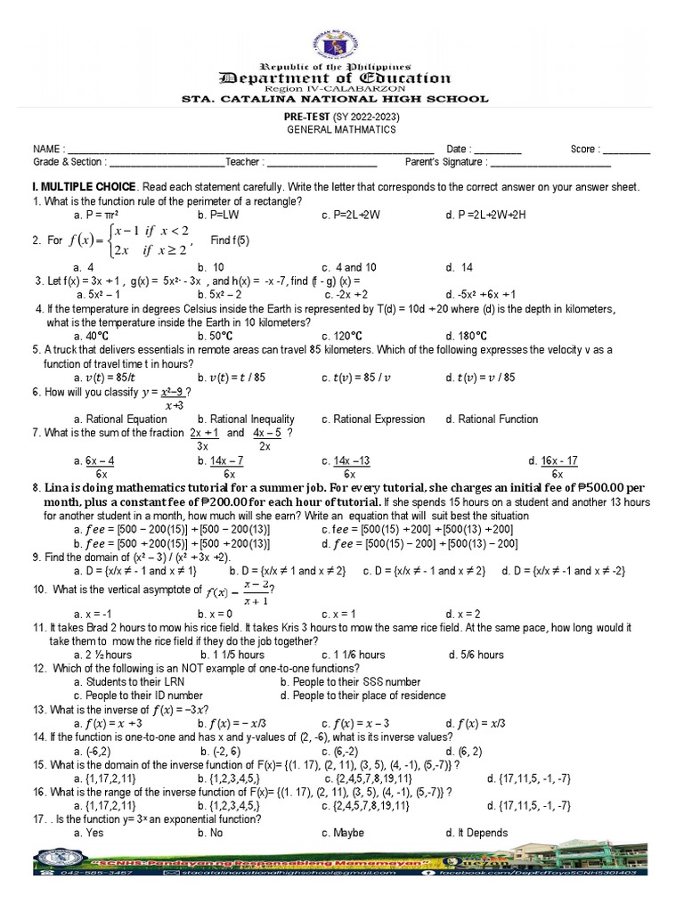 Pretest Genmath | PDF | Logarithm | Interest