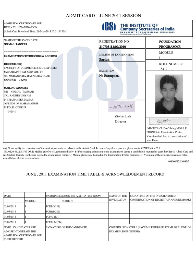 ICSI Admit Card | Download Free PDF | Calculator | Identity Document