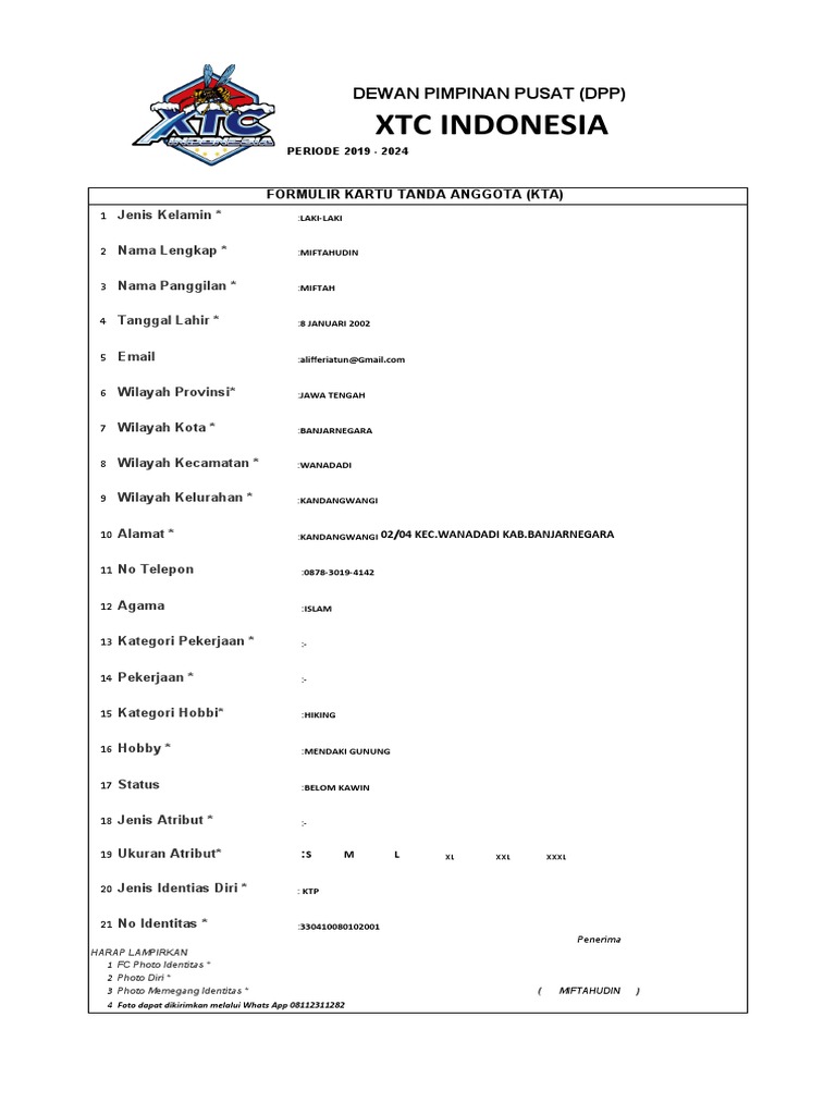 Form Manual Kta XTC Indonesia | PDF