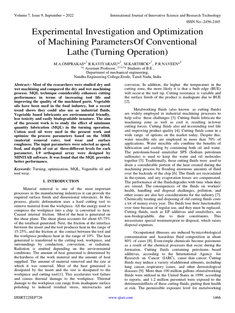 Experimental Investigation And Optimization Of Machining Parametersof