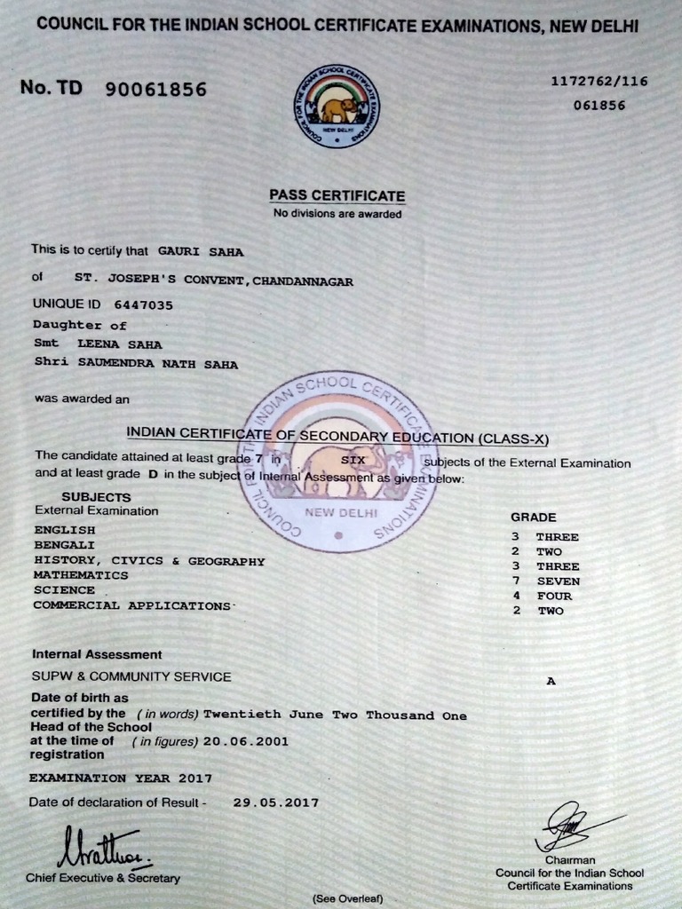 GAURI ICSE Pass Certificate | PDF