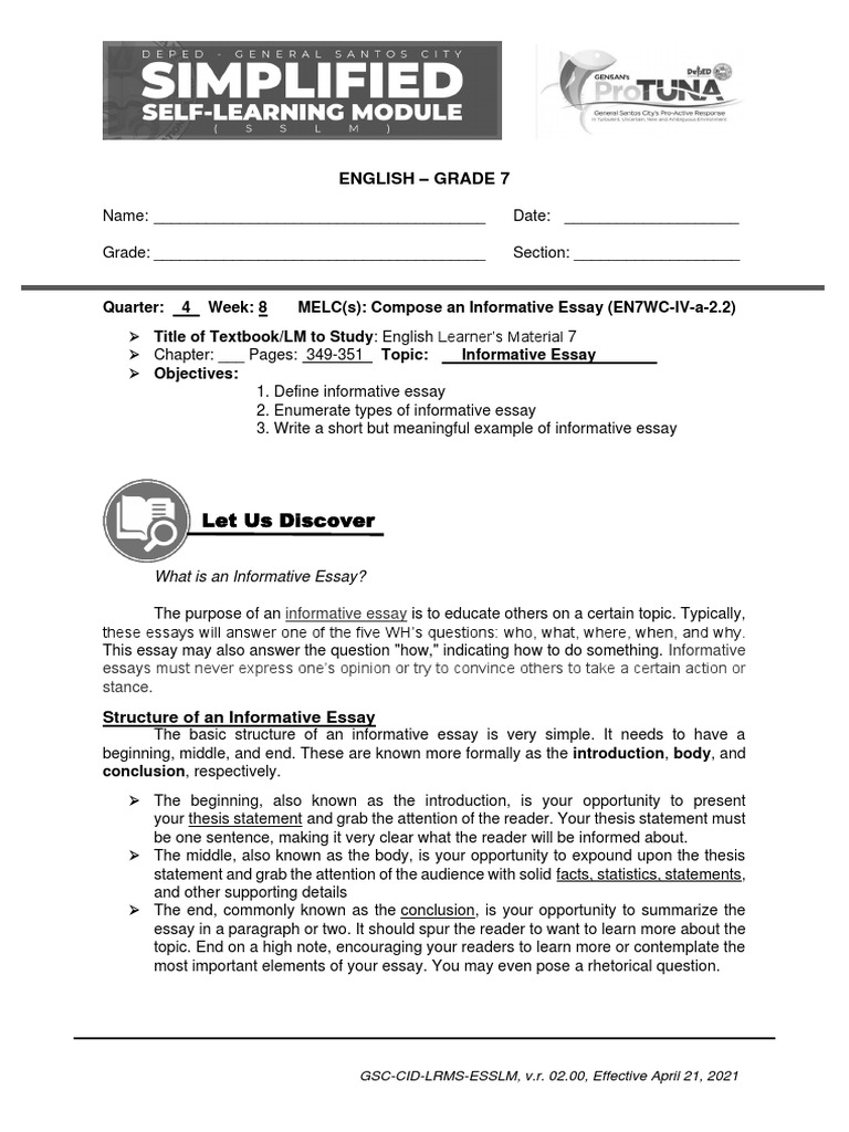 English7 Q4 SSLM - Week 8 1 1 | PDF | Essays | Idea