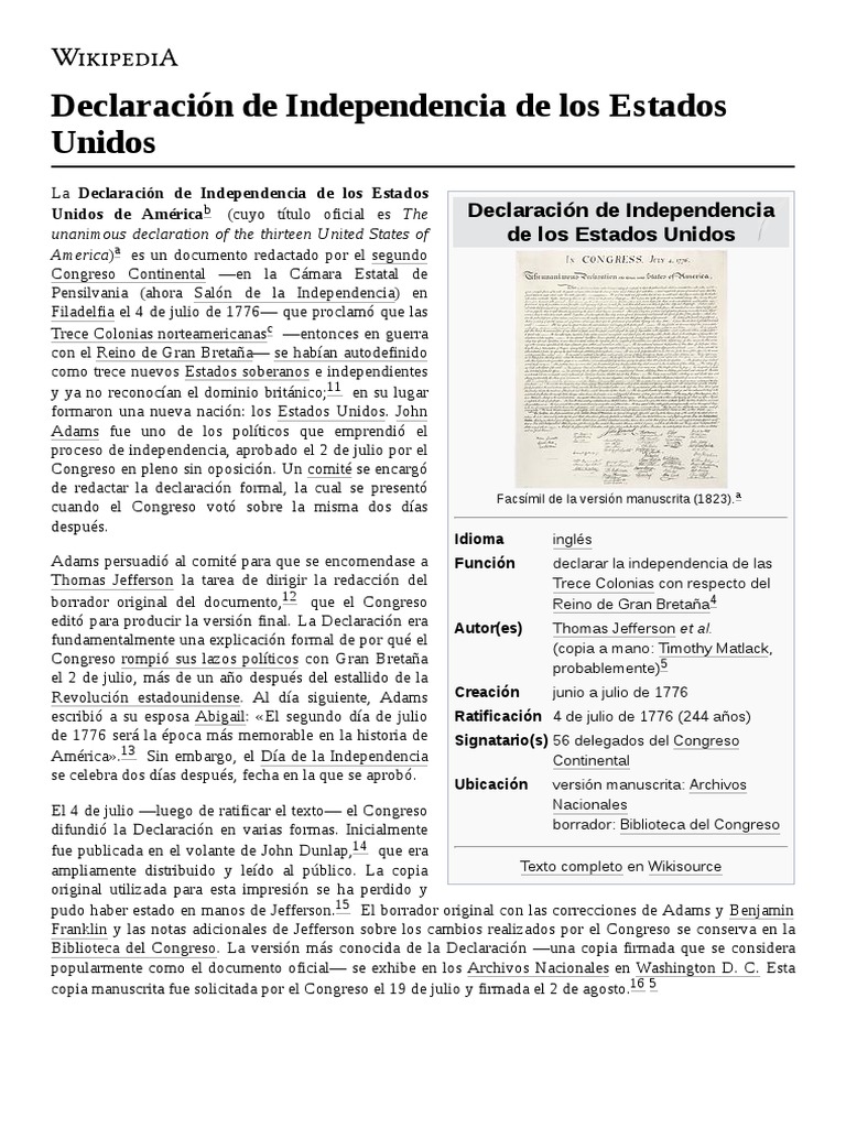 Declaración de Independencia de Los Estados Unidos | PDF | Declaración ...
