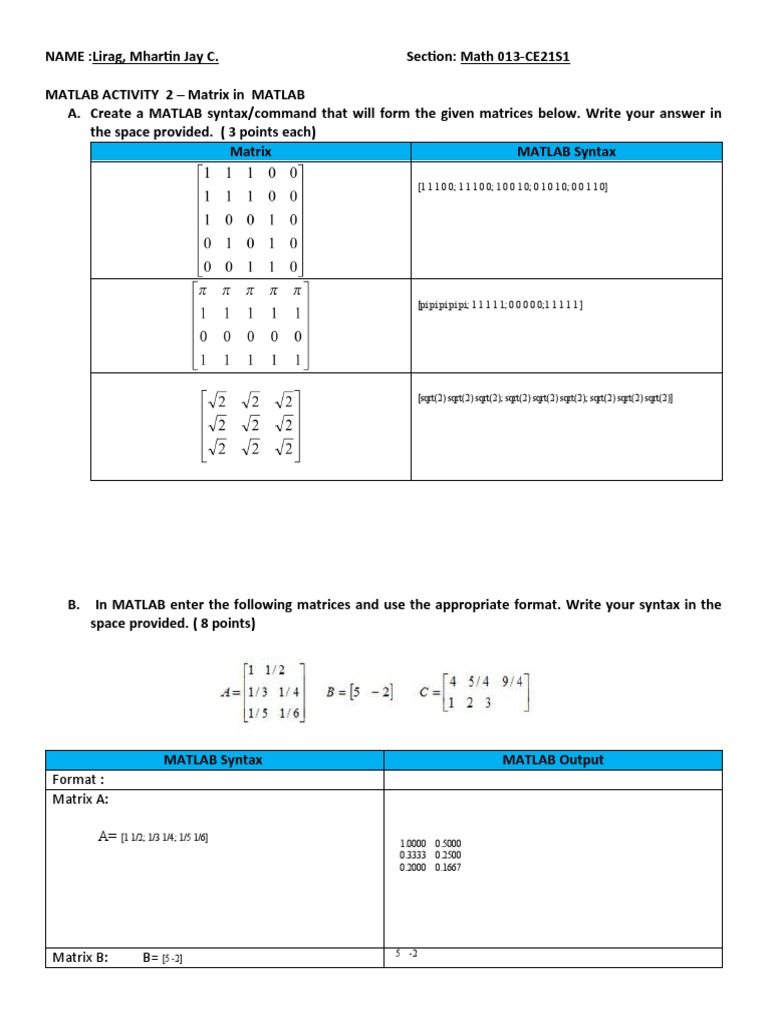 Matlab Activity 2-1-1 | Descargar gratis PDF | Matrix (Mathematics ...