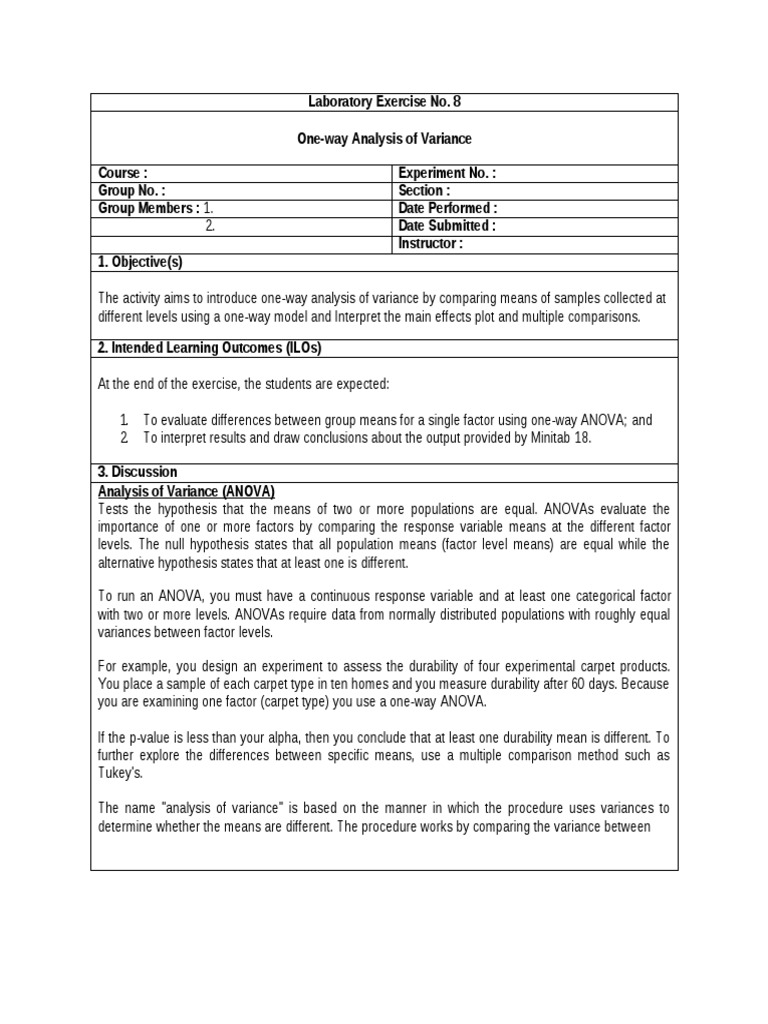 One-Way ANOVA Lab Exercise | PDF | Analysis Of Variance | P Value