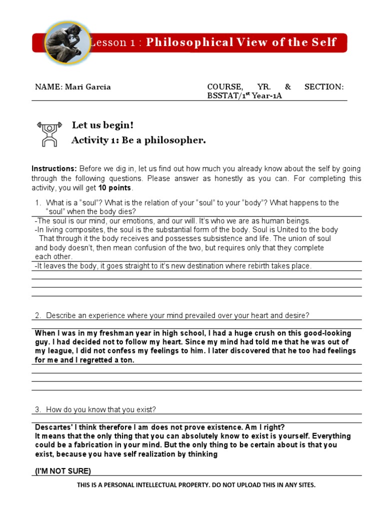 Lesson 1: Philosophical View of The Self: Let Us Begin! Activity 1: Be ...