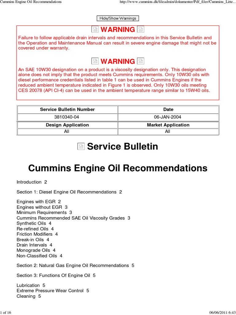 Cummins Engine Oil Recommendations | PDF | Motor Oil | Lubricant