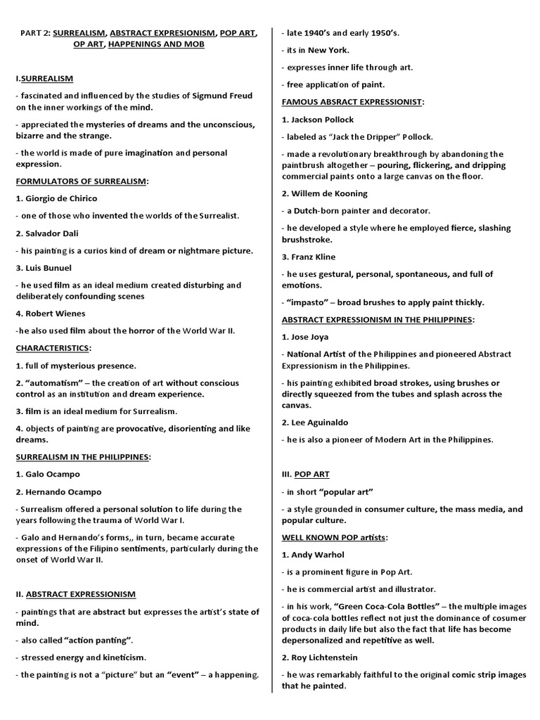 Surrealism, Abstract Expressionism, Pop Art, Op Art, Happenings and Mob ...