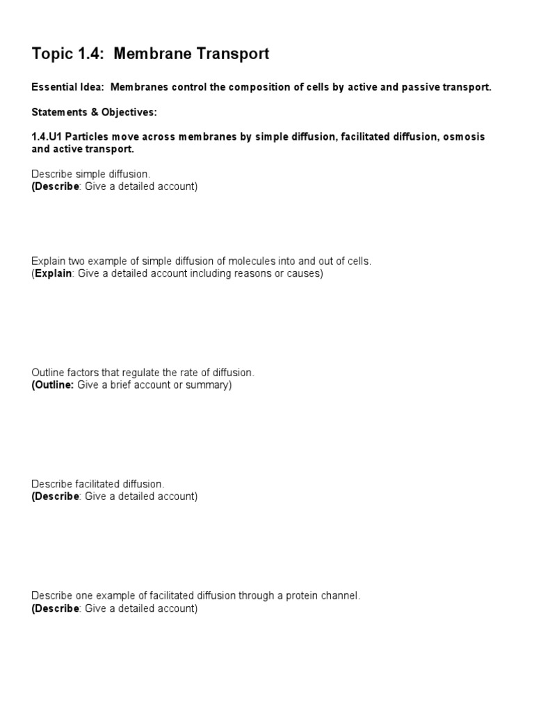 Biology Topic 1.4 Membrane Transport Review | PDF | Cell Membrane | Osmosis