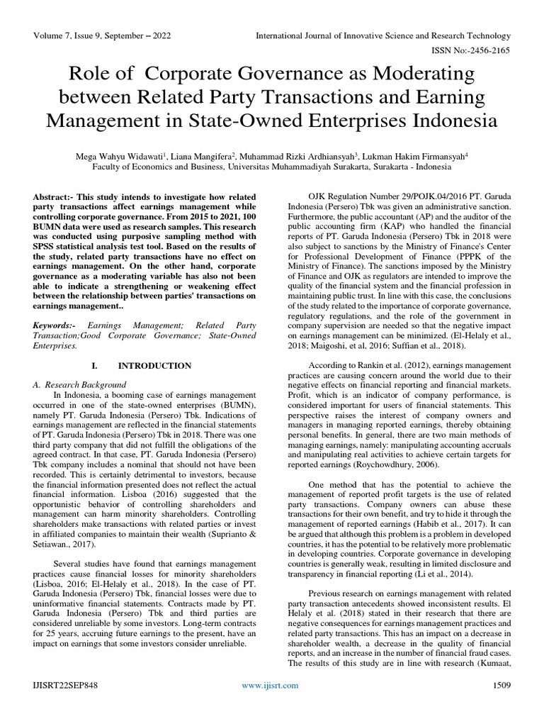 Role of Corporate Governance As Moderating Between Related Party ... Role of Corporate Governance As Moderating Between Related Party ...