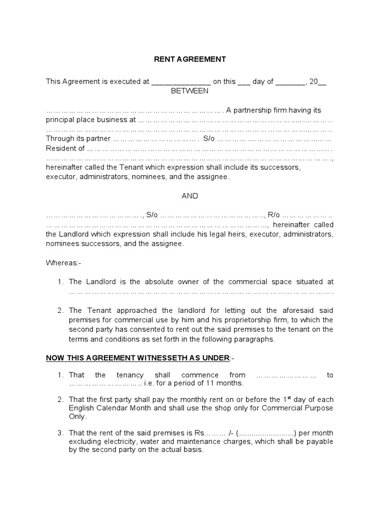 Sample Rent Agreement Partnership | PDF
