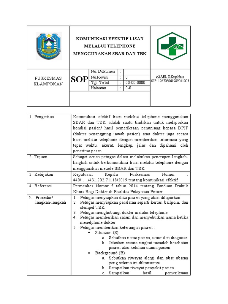 Sop SBAR TBK | PDF