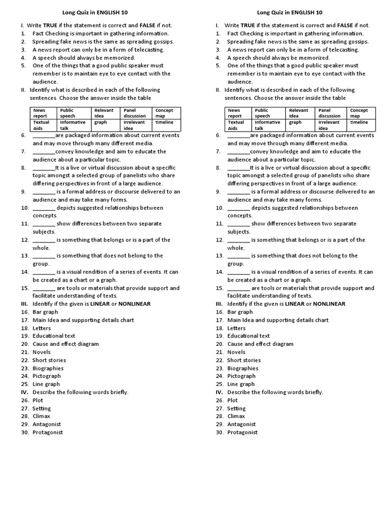 Long Quiz in ENGLISH 10 | PDF | Social Science | Foreign Language Studies