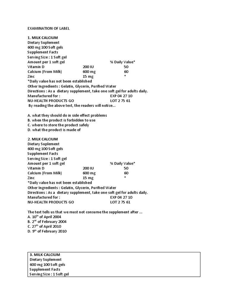 EXAMINATION OF LABEL | PDF | Dietary Supplements | Vitamin D