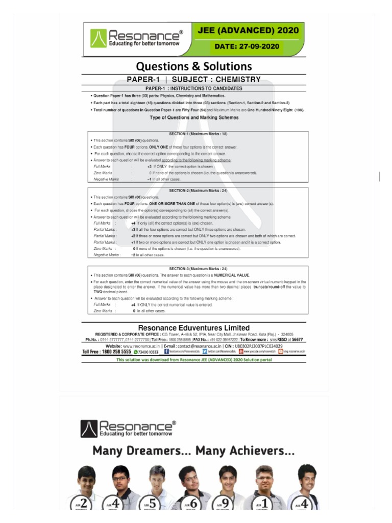 Jee Advanced 2020 Paper 1 Resonance Chemistry Questions and Solutions | PDF