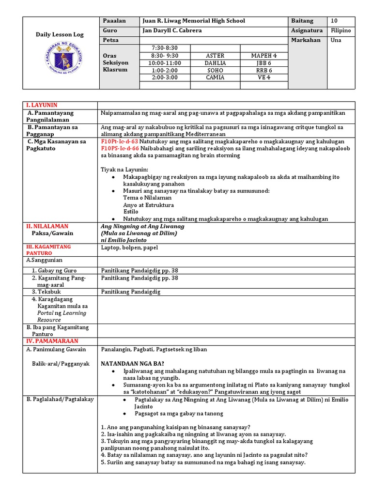 DLL Q1 FIL 10 Sanaysay Day 3 | PDF