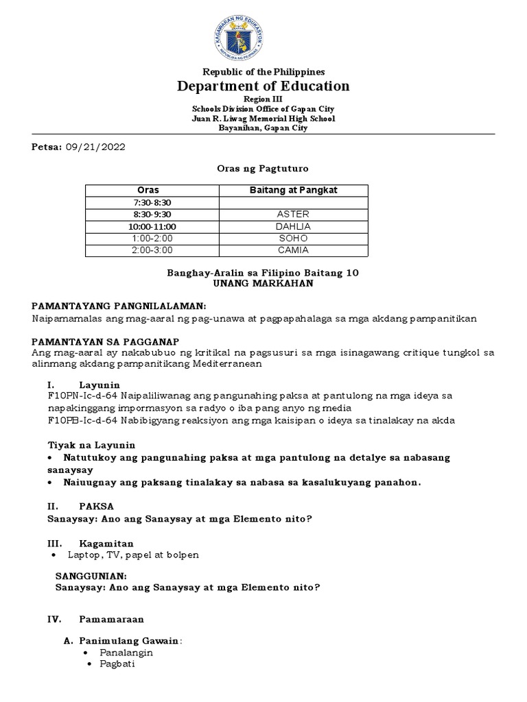 Q1 FIL 10 Sanaysay Day 1 | PDF