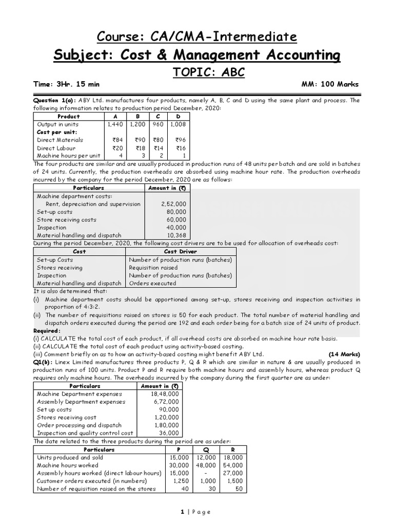 Ca Cma Intermediate Cost Management Accounting Pdf Cost Cost