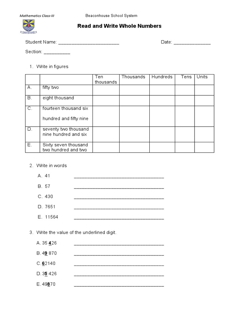 Maths Worksheet Place Values For Test | PDF | Teaching Methods & Materials