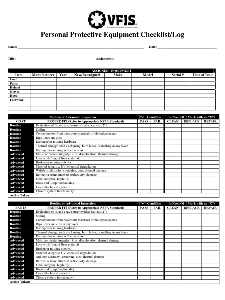 Main Personal Protective Equipment Checklist Log Vfis | PDF | Personal Protective Equipment ...
