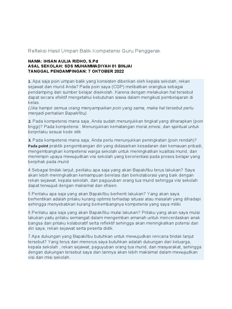 Refleksi Hasil Umpan Balik Kompetensi Guru Penggerak IHSAN AULIA RIDHO | PDF | Kesehatan Holistik