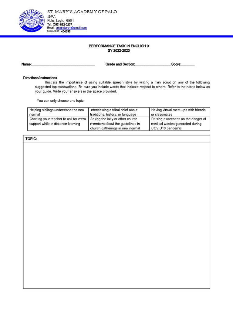 English 9 Speech Style Performance Task | PDF | Rubric (Academic ...