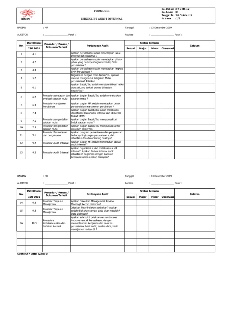 FR QMR 12 Form Check List Audit Internal R0 Update 12 12 19 | PDF