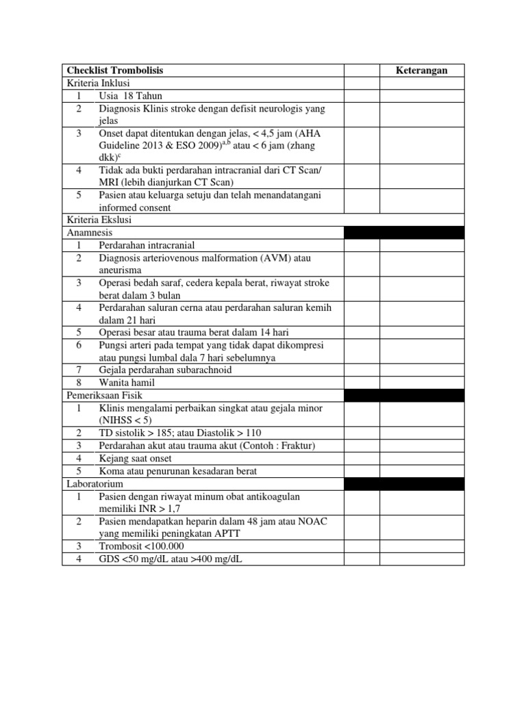 Checklist Trombolisis | PDF