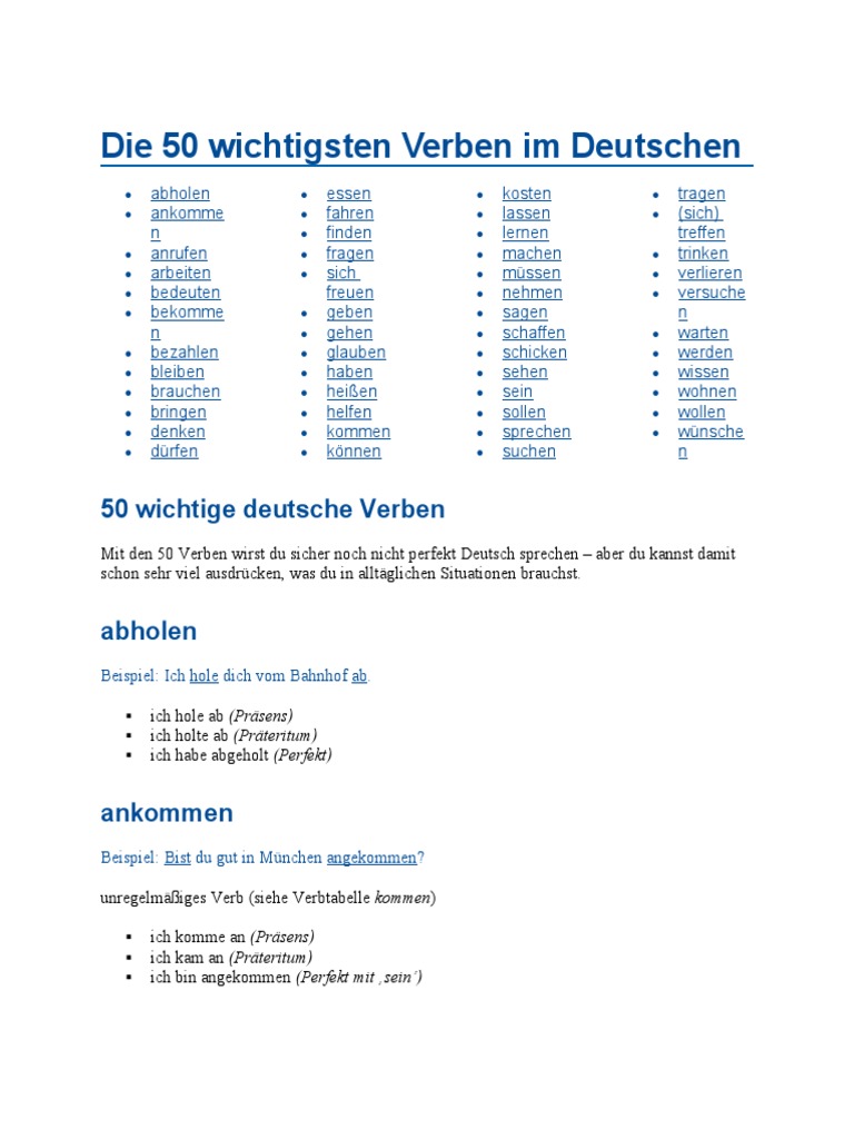 Die 50 Wichtigsten Verben Im Deutschen | PDF