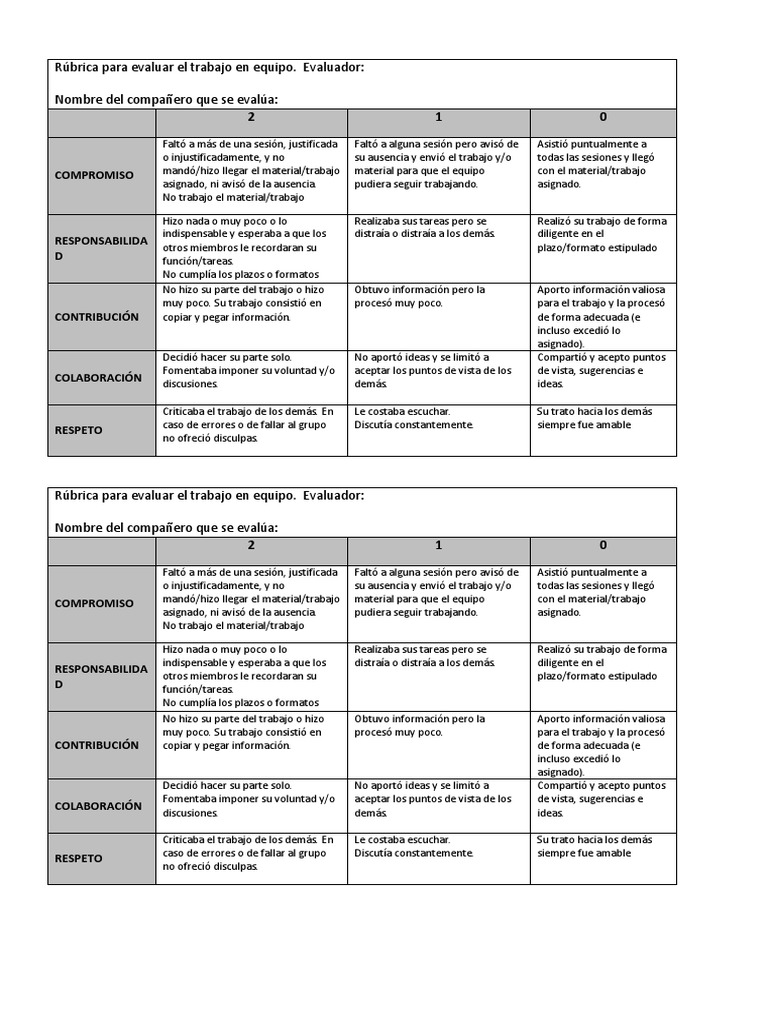 Rubrica para Evaluar Compañeros de Trabajo en Equipo | PDF