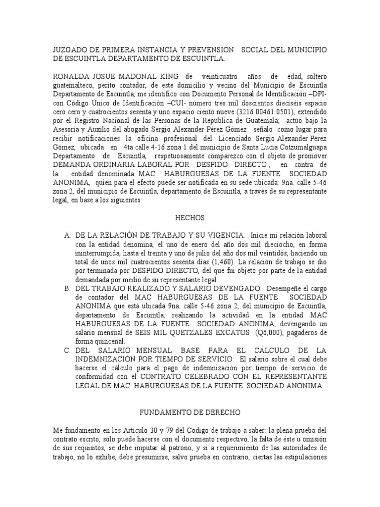 Demanda Laboral Despido Directo | PDF | Daños y perjuicios | Salario