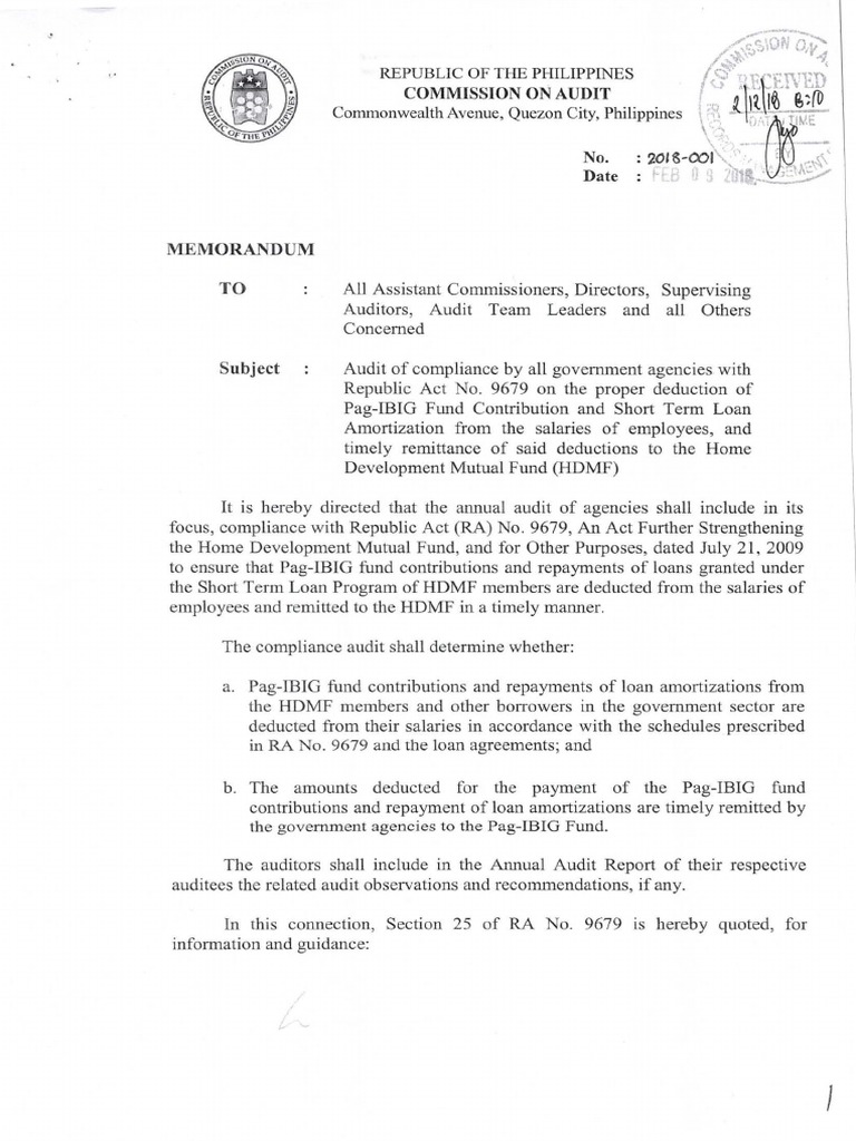 COA - M2018-001 Pagibig Remittance | PDF | Loans | Audit