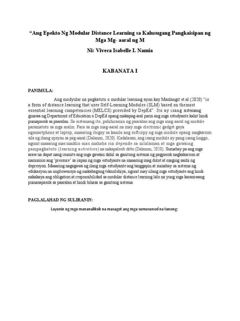 Ang Epekto NG Modular Distance Learning Sa Kalusugang Pangkaisipan NG Mga MG | PDF