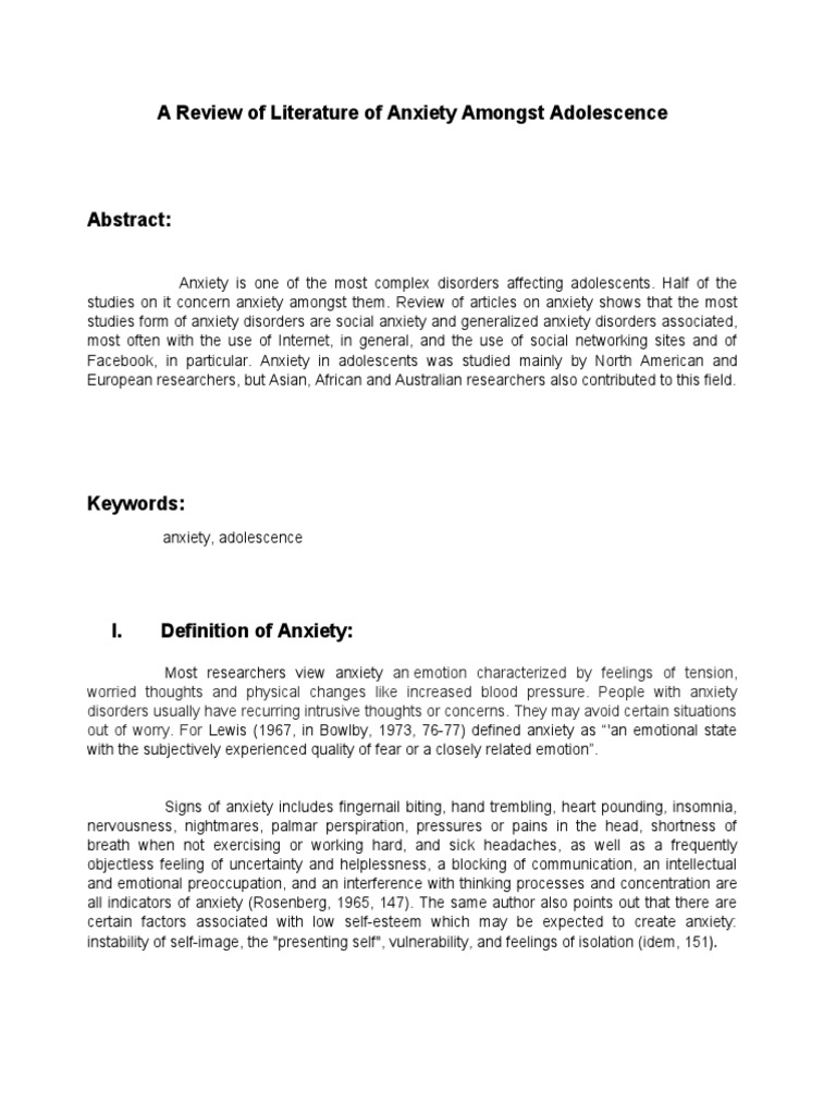 A Review of Literature of Anxiety Amongst Adolescence | PDF | Anxiety ... A Review of Literature of Anxiety Amongst Adolescence | PDF | Anxiety ...