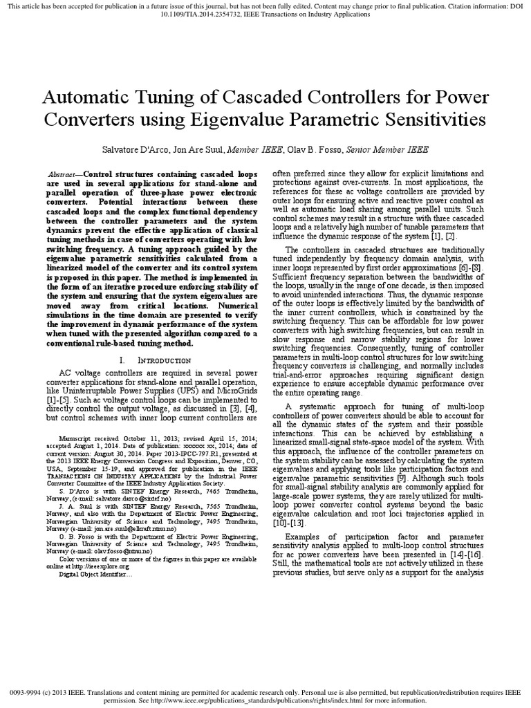 Automatic Tuning of Cascaded Controllers for Power Converters using Eigenvalue Parametric ...
