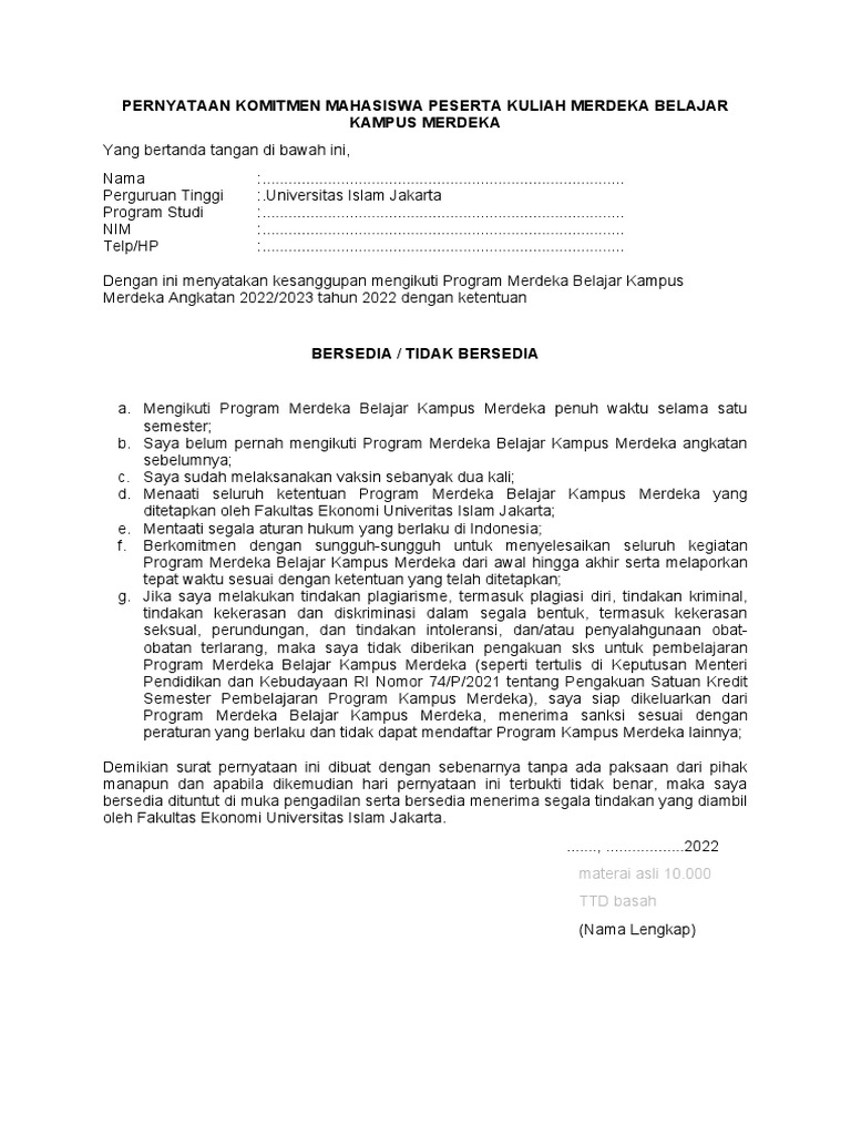 Format Surat Pernyataan Komitmen Mahasiswa Peserta MBKM | PDF