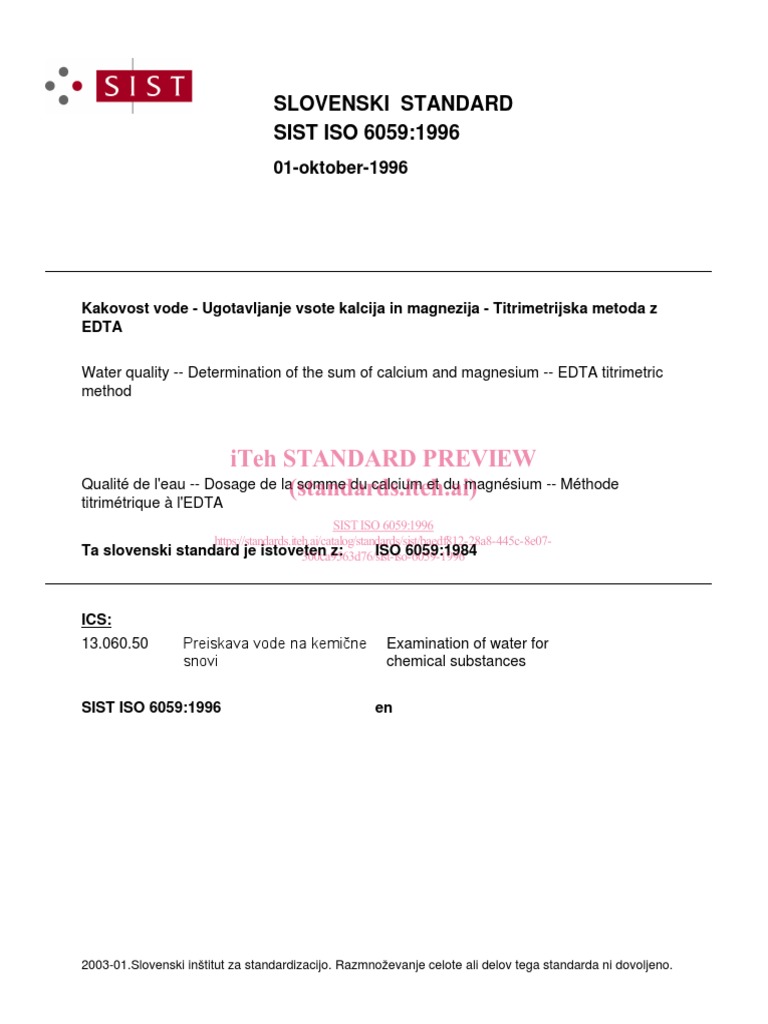 SIST-ISO-6059-1996 Calcium and Magnesium - EDTA Titrimetric Method | PDF