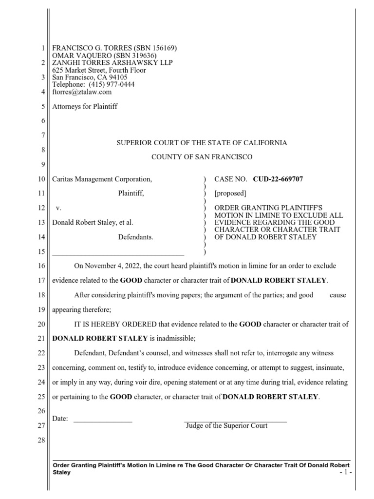 !GOOD Character of Defendant Evidence - Order in Limine | PDF | Motion ...
