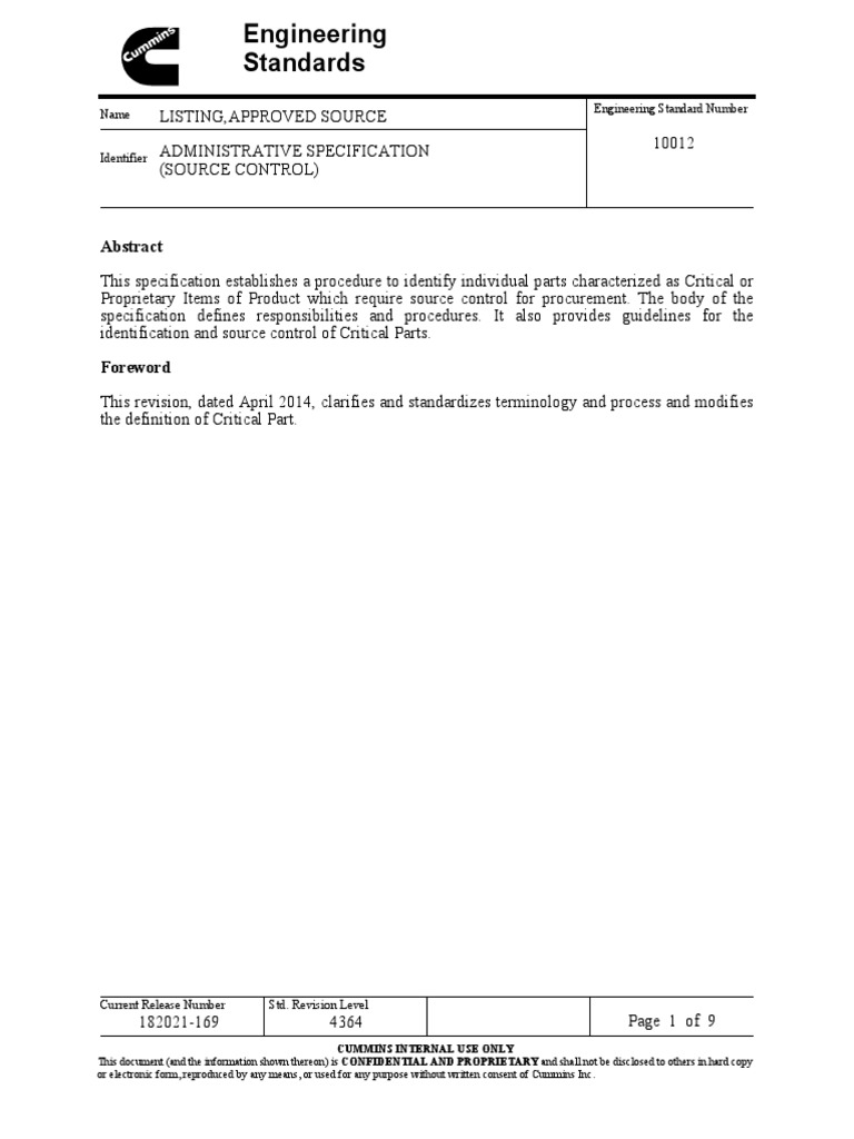 Name Engineering Standard Number: Cummins Internal Use Only | Download ...