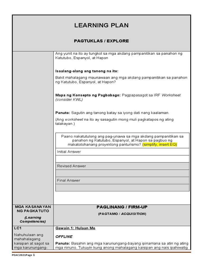 Pangkat 1-Learning Plan | PDF