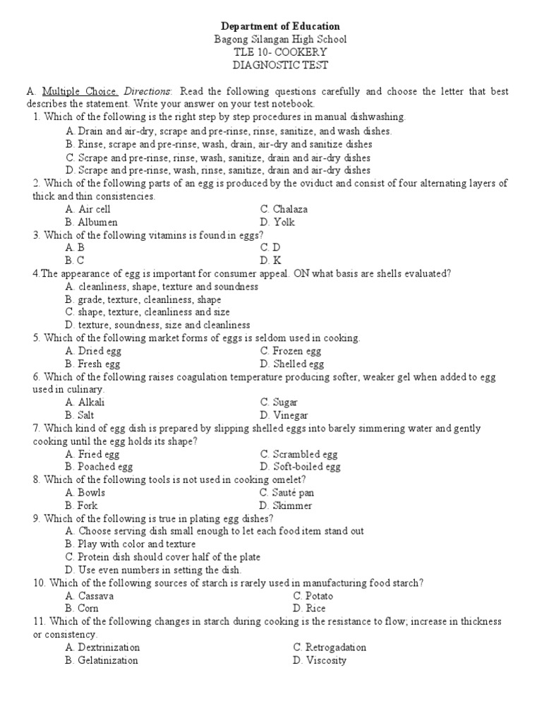 Cookery 10-Diagnostic Test | PDF | Beef | Cooking