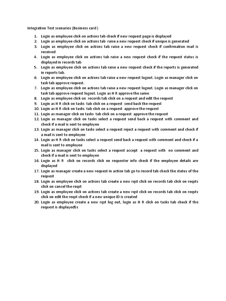 Integration Test Scenarios | PDF | Finance & Money Management
