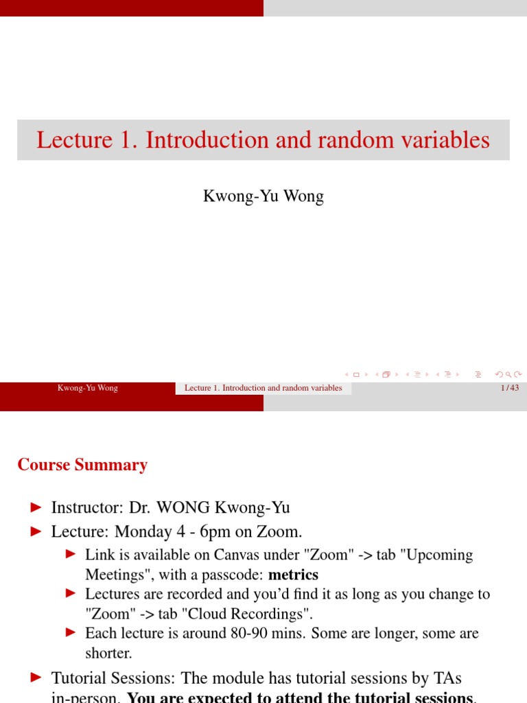 Lecture 1. Introduction and Random Variables: Kwong-Yu Wong | PDF | Probability Distribution ...