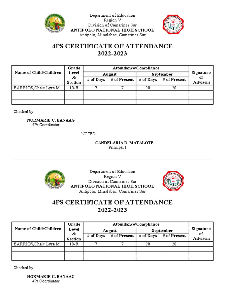 4ps Certificate Of Attendance Form Pdf