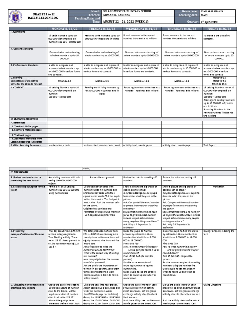 DLL - Math 5 - Q1 - W1 | PDF | Understanding | Teachers