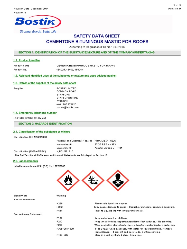 Safety Data Sheet for Cementone Bituminous Mastic for Roofs Provides ...