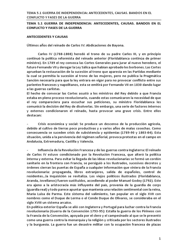 01 Tema 5 1 Historia De España Evau Pdf Napoleón Guerra Peninsular